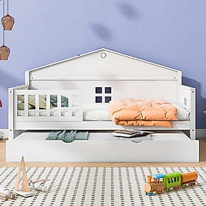 MERITLINE Twin Size Daybed with Trundle and Sensor Light, Wood Daybed Sofa Bed with Charming House-Shaped Backboard,Kids Bed Frames with Windows and Safety Rails,White