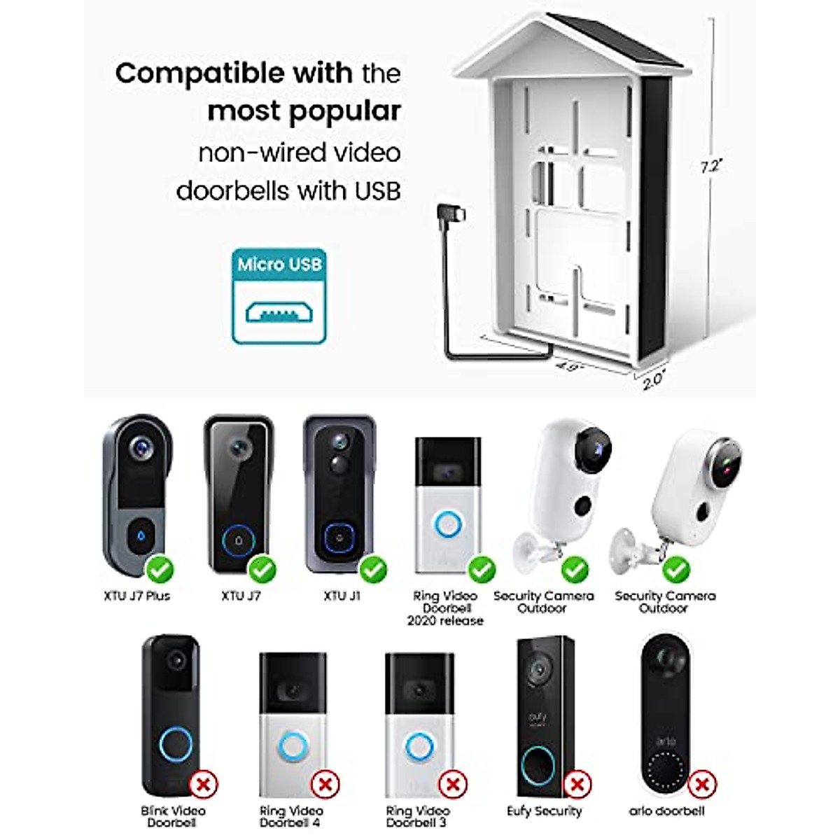 XTU Solar Charger for Video Doorbell, Compatible with Doorbell 2nd Gen (2020 Release), and All Battery-Powered doorbells Cameras (with Micro USB Port), Waterproof Continuous Charging