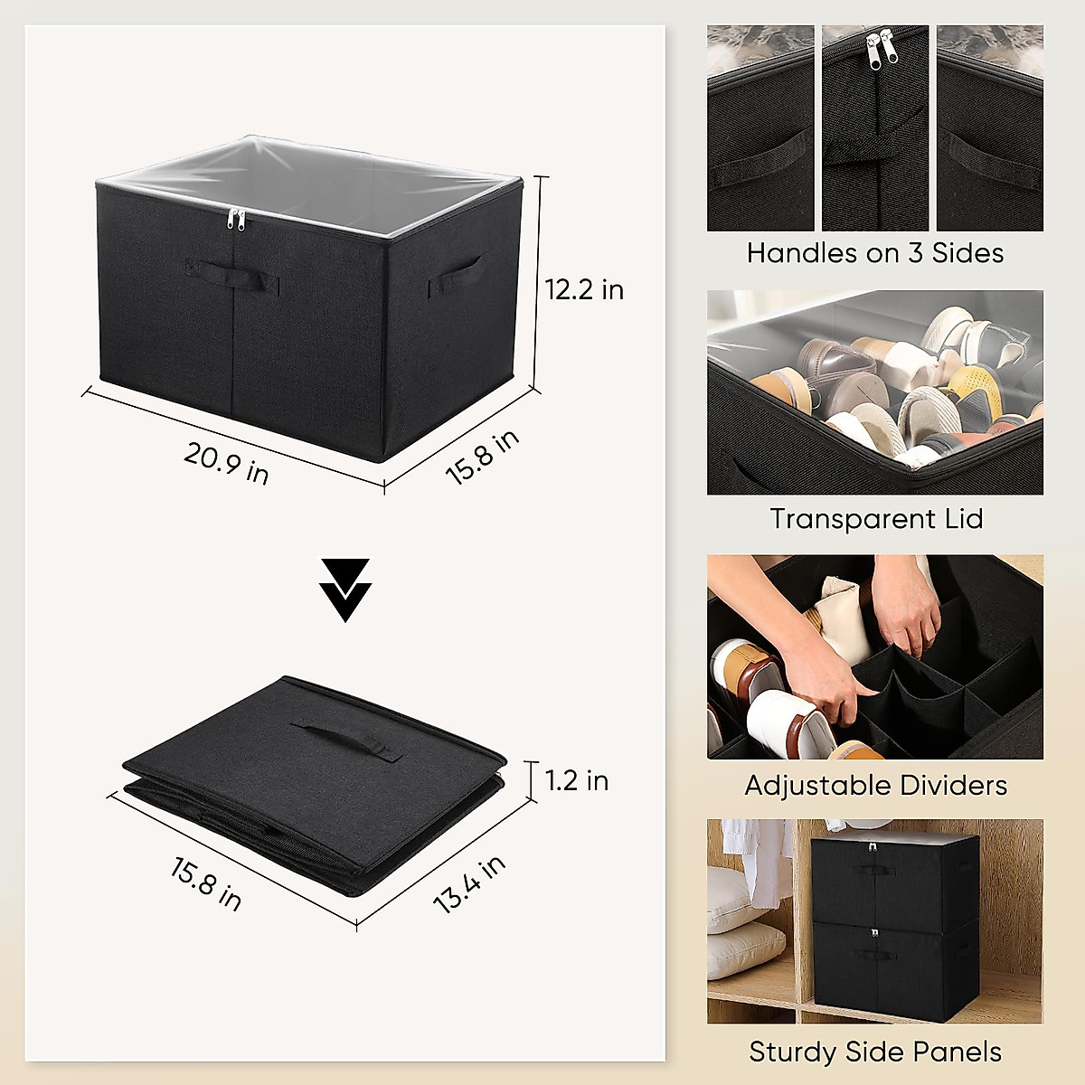 Homaisson 2-Pack Shoe Storage Organizer for Closet, Large Shoe Box Storage + 3 Pack Bed sheet organizers and storage, Foldable Sheet Set Organizers for Linen Closet (Black+Khaki)