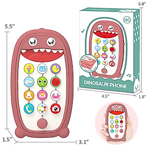 Baby Dinosaur Cell Phone Toy Removable Soft Teether Case, Lights, Music & Adjustable Volume Kids Play & Learn Pretend Phone Infant Toddler, Preschool Holiday Birthday Gift Girl Boy 18 Months (Brown)