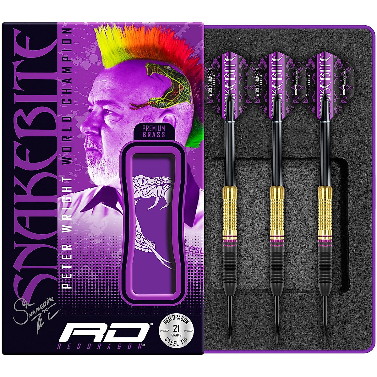 RED DRAGON Peter Wright Snakebite World Champion 2020 Brass Edition Darts Set Including Flights and Stems
