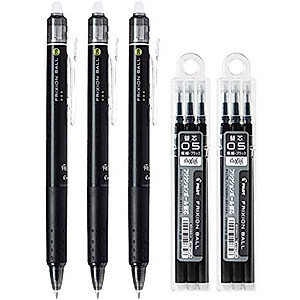 Pilot FriXion Ball Knock Retractable Erasable Gel Ink Pens, Extra Fine Point 0.5mm, Black Ink, 3 Pens & 6 Refills Value Set