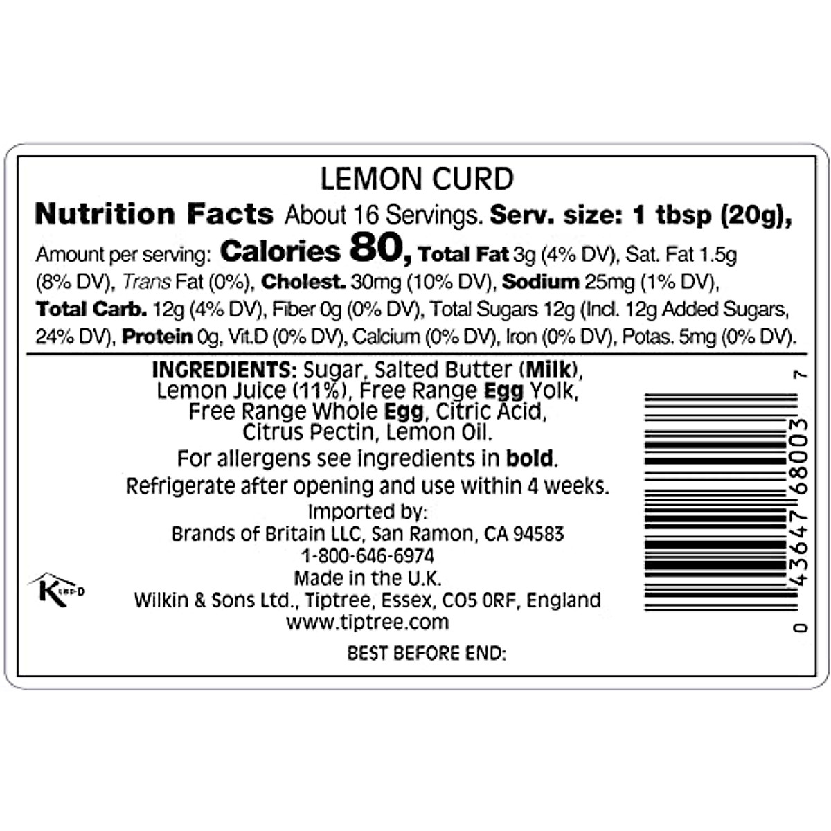 Tiptree Lemon Curd, 11 Ounce Jar (312g)