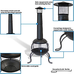 Sunnydaze 66-Inch Black Heavy-Duty Steel Wood-Burning Chiminea with Rain Cap - High-Temperature Paint Finish