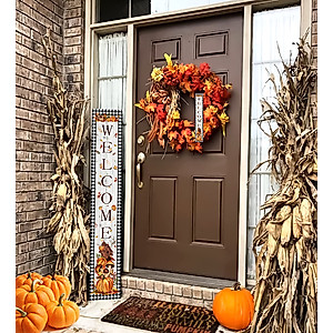 Fall Welcome Porch Sign Autumn Wooden Door Sign 47'' Large Buffalo Plaid Porch Sign for Pumpkin Sign Home Front Door Yard Party Decor