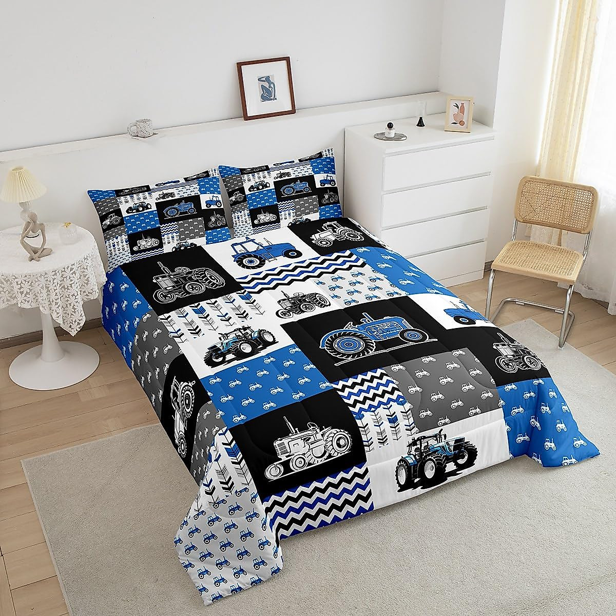 Farm Truck Full Size Comforter Set,Cartoon Car Bedding Set for Adults Teens,Children Blue Gray White Comforter Luxury Geometric Grid Quilt Set Room Decor 3Pcs