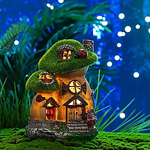 TERESA'S COLLECTIONS Mushroom Garden Statues with Outdoor Solar Light, Green Flocked Fall Decorations for Home, Resin Fairy House Accessories Outdoor Fall Decor Yard Lawn Ornaments Gifts for Mom 6.6“