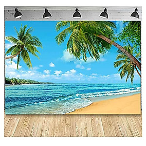 Summer Tropical Hawaii Palm Tree Or Beach Photography Backdrops 7X5FT Blue Sea Sky Sunshine Luau Party Photo Background Wedding Bride Shower Baby Birthday Party Banner Supplies Props Vinyl