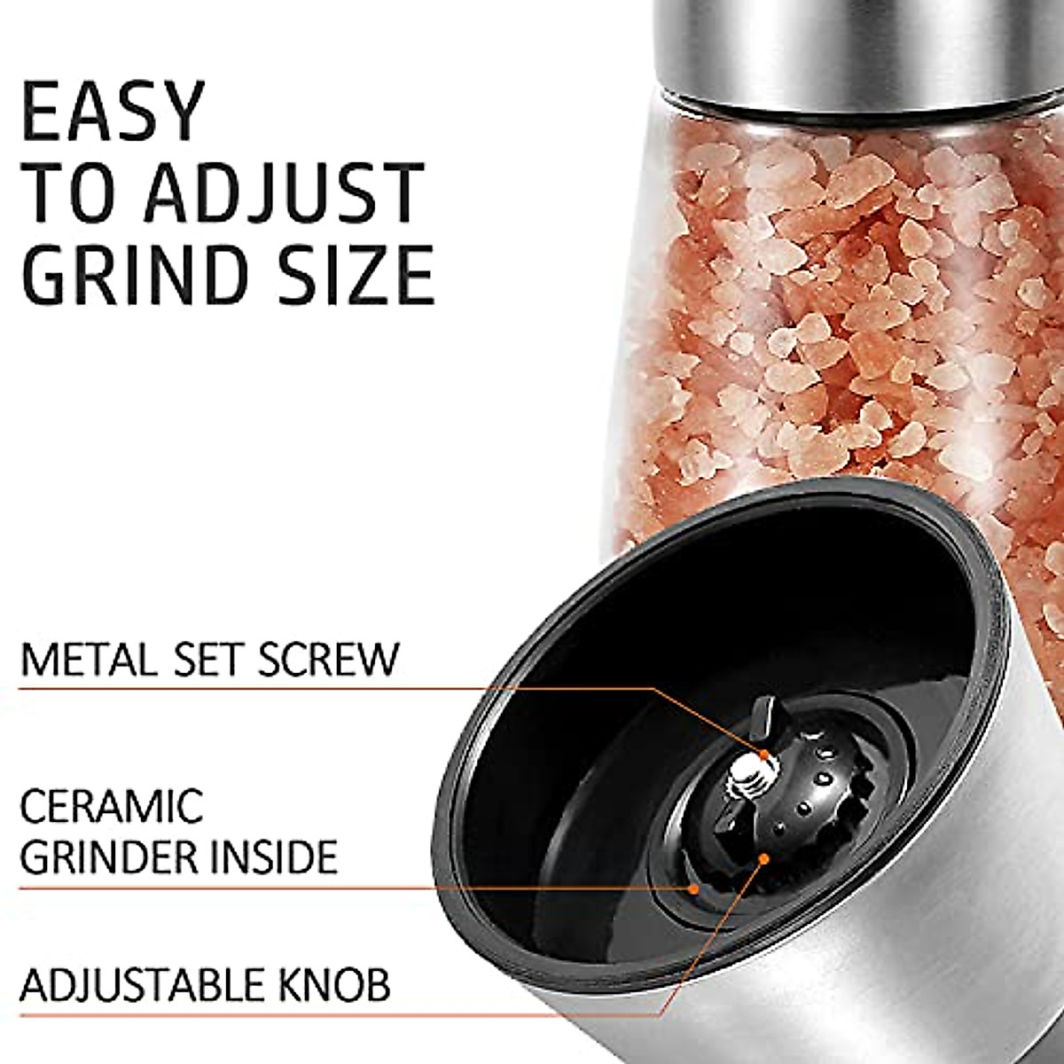 Pepper Grinder Pepper Mill, Salt Grinder Refillable,(Single Package) Adjustable Coarseness Black Pepper Grinder, Stainless Steel Sea Salt Shaker with Ceramic Rotor (1 pack)