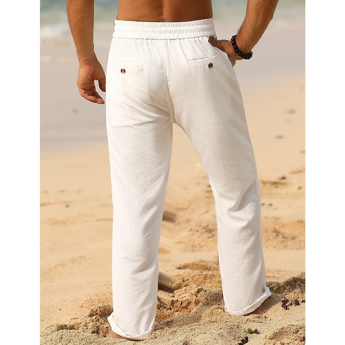 iWoo Pants with Elastic Waist Men Beach Linen Pants Drawstring Linen Pants White M