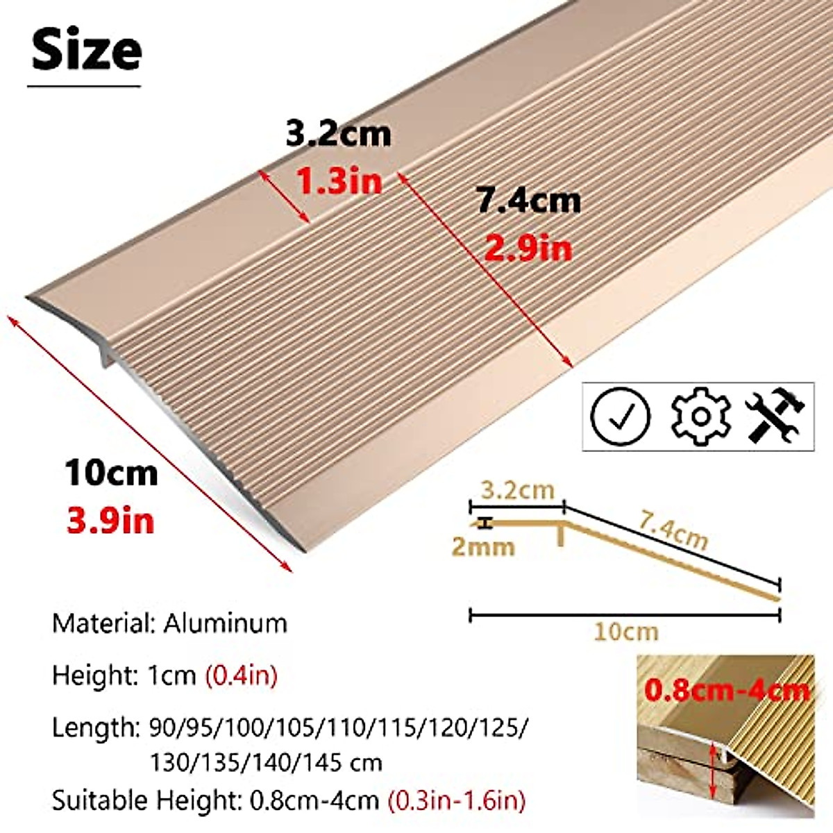 ETULLE Floor Transition Strip Metal, Black Gold 10cm Extra Wide Threshold Reducer for Doorways Step Down 1 Inch, Tile to Carpet Edge Trim for Entry Large Drop Crack