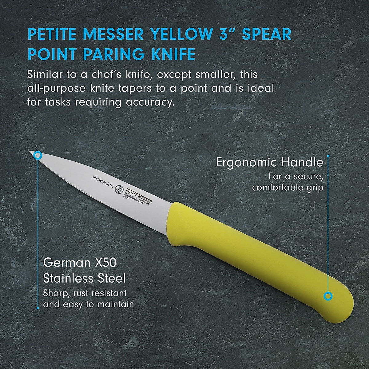 Messermeister Petite Messer 3” Spear Point Parer with Matching Sheath, Yellow - German 1.4116 Stainless Steel & Ergonomic Handle - Lightweight, Rust Resistant & Easy to Maintain