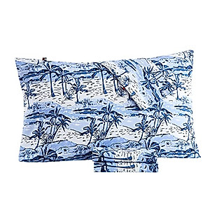 Tommy Hilfiger Palm Scene Printed Set of 3 Sheet Set - 1 Flat Sheet, 1 Fitted Sheet & 1 Pillowcase, Twin/TXL Size, Cotton (Blue)