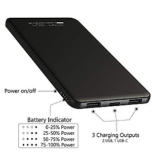 Attom Tech 10000mAh Triple USB Outputs Slim Power Bank Ultra Thin, Mini Portable Charger External Phone Battery Pack Small Dual USB Outlet, Emergency Phone Power Backup
