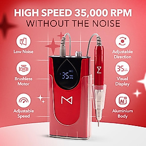 M Max - Nail Drill Professional - 2-in-1 Brushless Motor Nails Drill Machine - Electric, Cordless, Aluminium Alloy Casing, 35000 RPM, HD Display - Perfect for Salon & Home Use (Red)