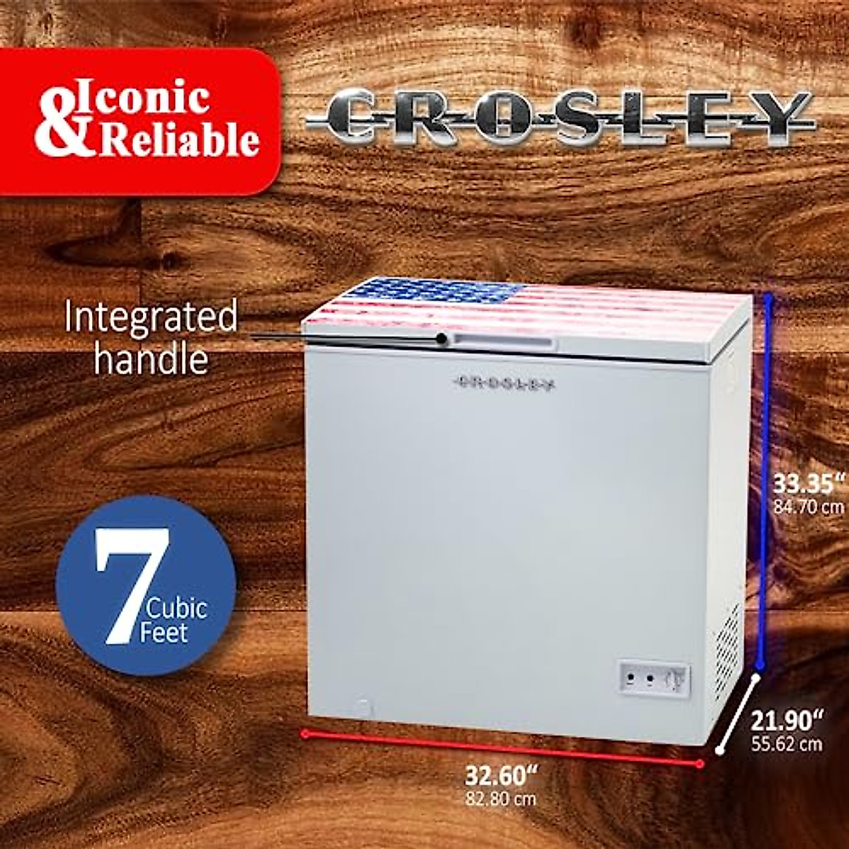 Crosley American Tribute 7cf Mini Deep Chest Freezer: Small & compact w/USA flag bunting outside lid. The best 4 garage, apartment, dorm, bar, bedroom, ice cream, frozen food & big family meat packs