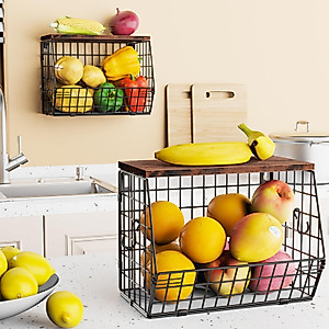Mefirt 2pcs Fruit Basket Onion Storage Wire Baskets with Wood Lid, Stackable Wall-mounted & Countertop Tiered Kitchen Counter Organizer for Snack, Fruit and Vegetable Storage, 11.8 * 7.9 * 8.5 Inches