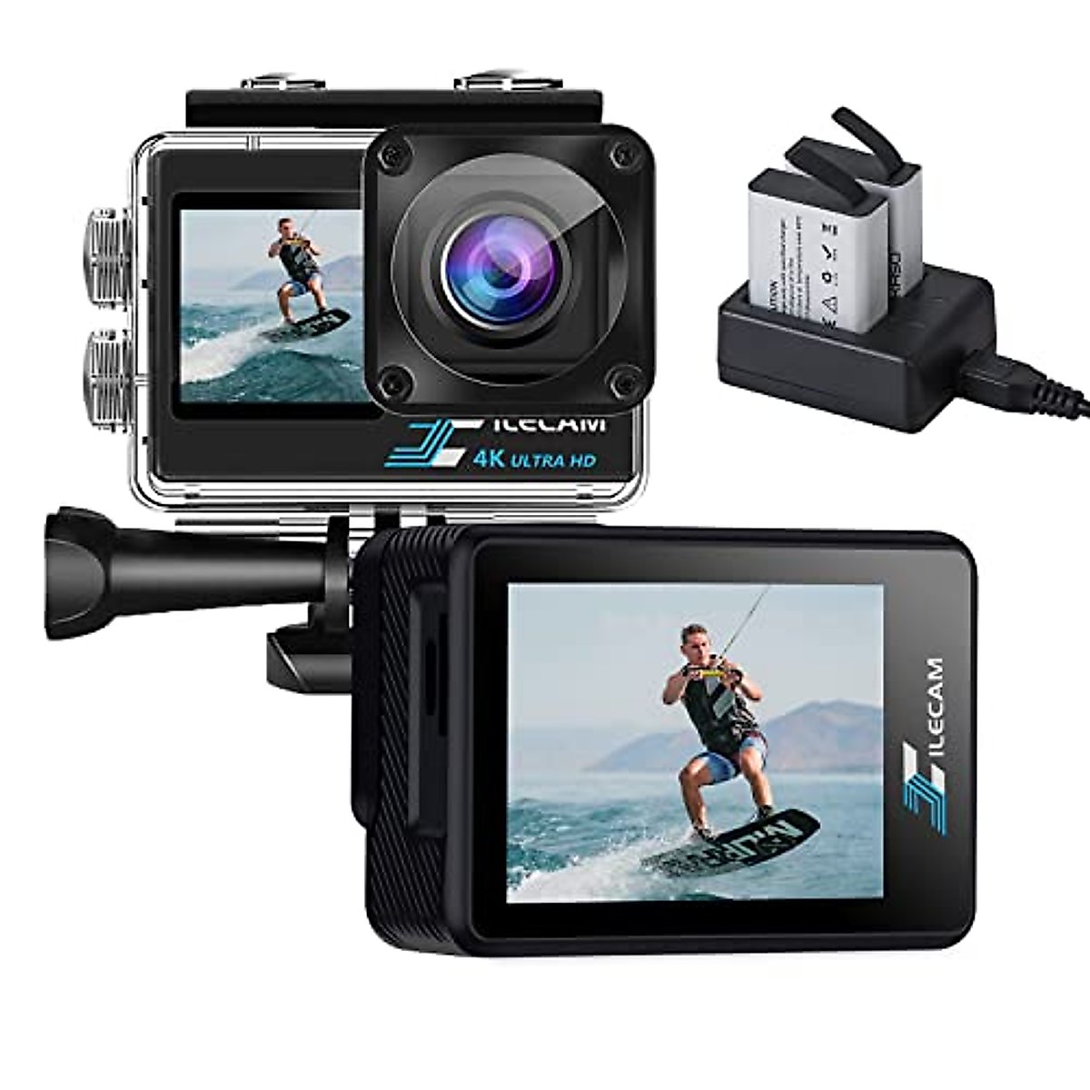 Xile Action Camera 4K WiFi Waterproof Camera 4*Zoom Dual Screen 131FT(40m) Waterproof Underwater Camera with 2X 1350mAh Batteries and Multifunctional Accessories Package Action Camera (4K+Dual Screen)