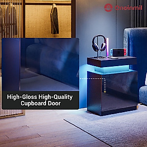 oneinmil Nightstand Set of 2, LED Nightstand with One Cabinet, Bedside Table with LED Lights, Modern End Side Table for Bedroom, Black