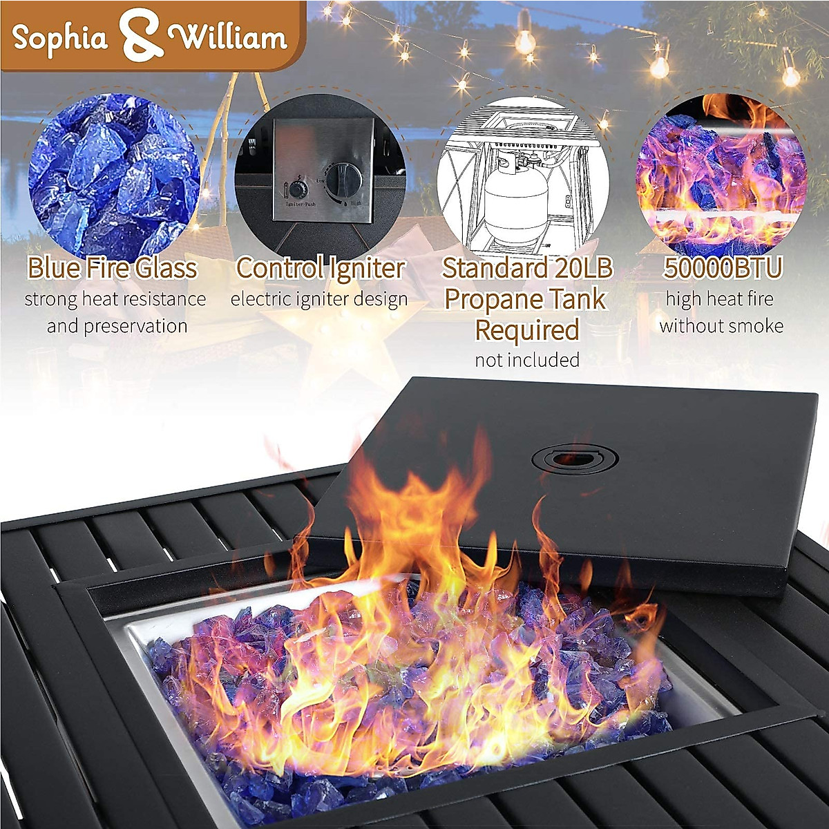 Sophia & William Gas Fire Pit Table 28 Inch 50,000BTU Square Outdoor Propane FirePits 2 in 1 Auto-Ignition Patio Fireplace for Outside with Lid and Blue Fire Glass, Black