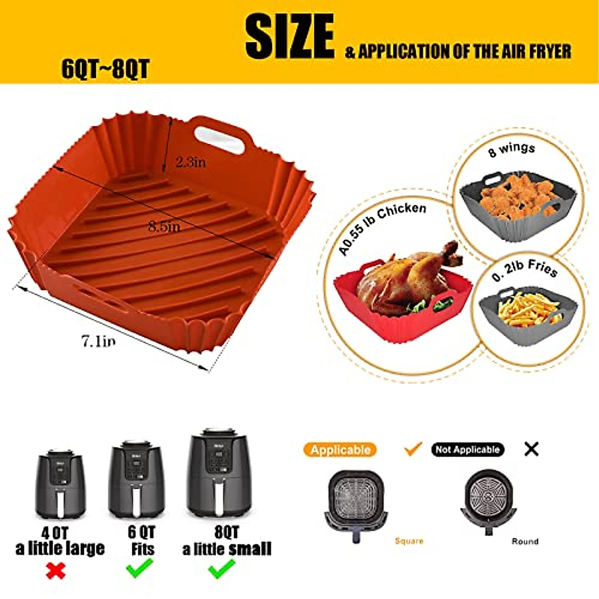 2Pcs Silicone Air Fryer Liners, ZSTea 8.5 Inches Square Air Fryer Silicone Basket Bowl Reusable Baking Tray Oven Air Fryer Accessories for 3 to 8 QT - Non-stick & Food-grade (Pink + Gray)