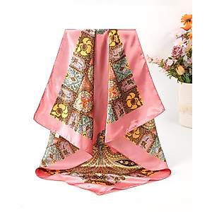 AWAYTR 35" Large Silk Hair Scarf for Women - 4Pcs Satin Head Scarf Square Hair Bandanas Floral Wild Rag Sleeping Head Wraps (Cashew(Black/Olive Green/Red/Pink))