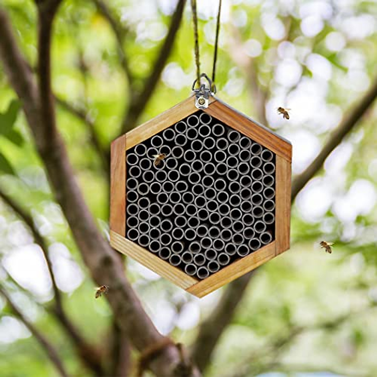 Mason Bee House - Handmade Natural Wooden Bee Hive Coated with Wax for Water-Proof and Long Service Life - Attracts Peaceful Bee Pollinators to Your Garden,Carpenter Bee Houses for Garden