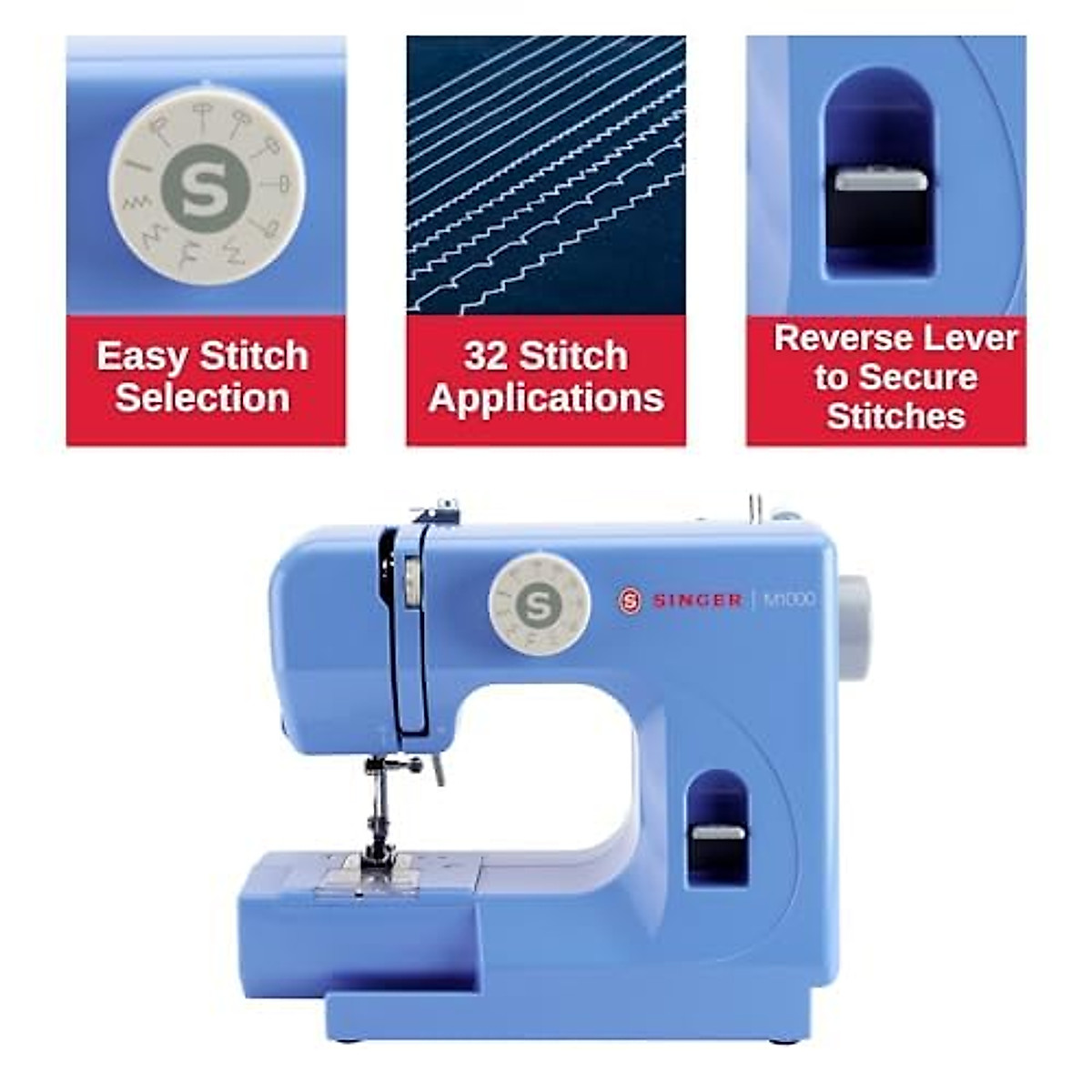 SINGER M1000 Lightweight & Portable Sewing Machine With 32 Stitch Applications, LED Light & Top drop-in bobbin for Hems | Great for Mending - Blue