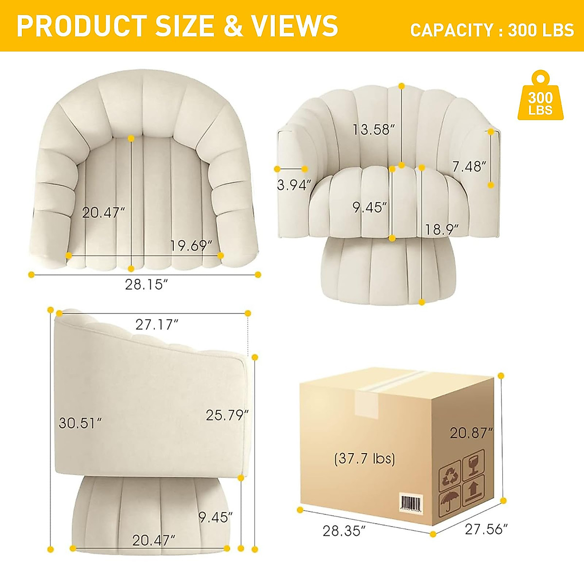 Accent Chair Mid Century 360 Degree Swivel Chair,Modern Lounge Sofa Round Barrel Chair with Wide Upholstered,Fluffy Velvet Fabric Chairs for Home Sofa Living Room/Bedroom/Waiting Room (Beige)