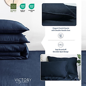 S VICTORY SYMBOL 100% Organic Linen Duvet Cover Set Queen Size,Natural French Linen Bedding Set with Stone Washed,Comforter Cover with Button Closure(Navy) Soft,Breathable