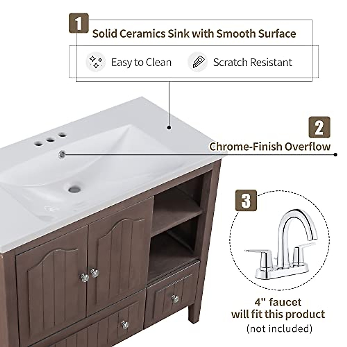 Lifeand, Integrated Combo with White Built-in Ceramic Top & Modern Base Cabinet 36" Bathroom Vanity with Sink, 36'', Brown