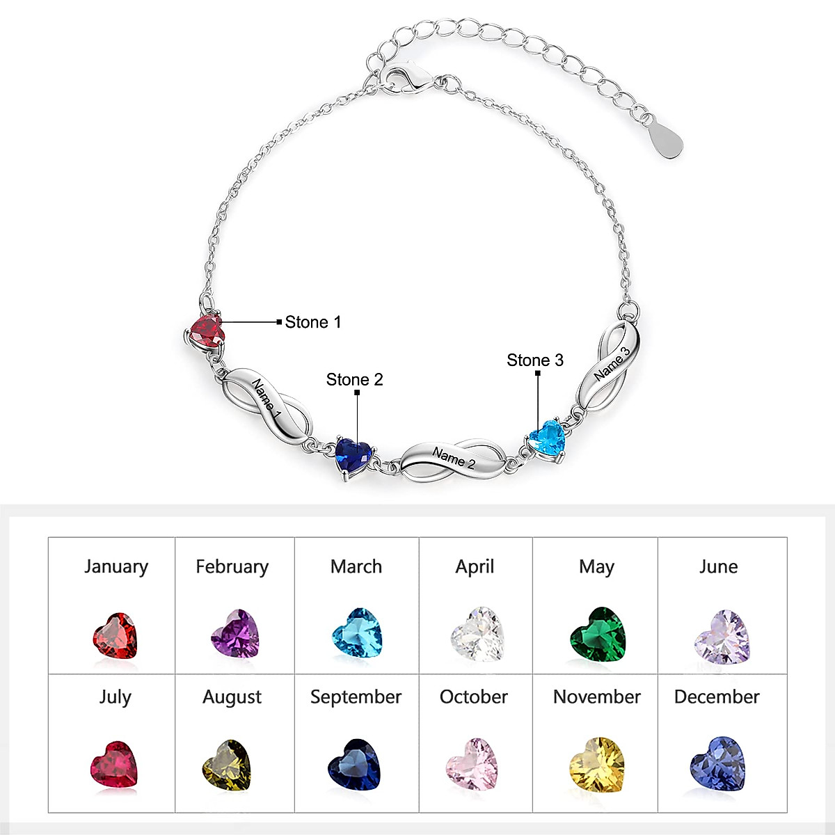 Personalized Infinity Mothers Bracelets Custom 1-7 Names Heart Birthstone Bracelets for Women Adjustable Link Bracelet Gifts for Mom Grandma (3 names)