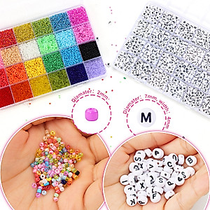 DICOBD 21600pcs 2mm 12/0 Glass Seed Beads Craft Beads Kit and 1200pcs Letter Alphabet Beads for Friendship Bracelets Jewelry Making Necklaces and Key Chains with 2 Rolls of Cord