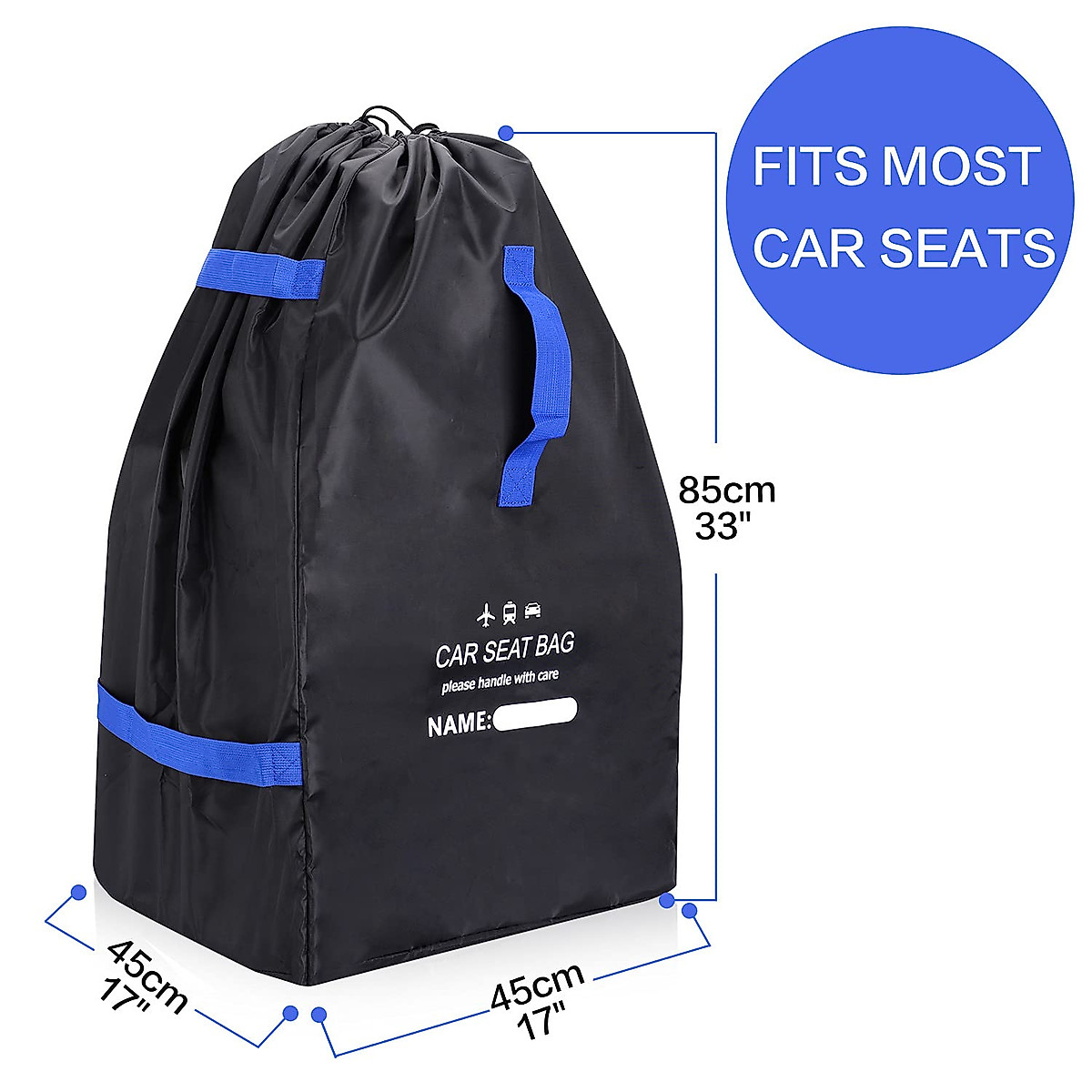 RAIFUJOIE Car Seat Bag Universal Fit Travel Bag Gate Check Bag with Adjustable Contrast Blue Back Straps with Padding Collapsible and Self Organizer Case Pocket