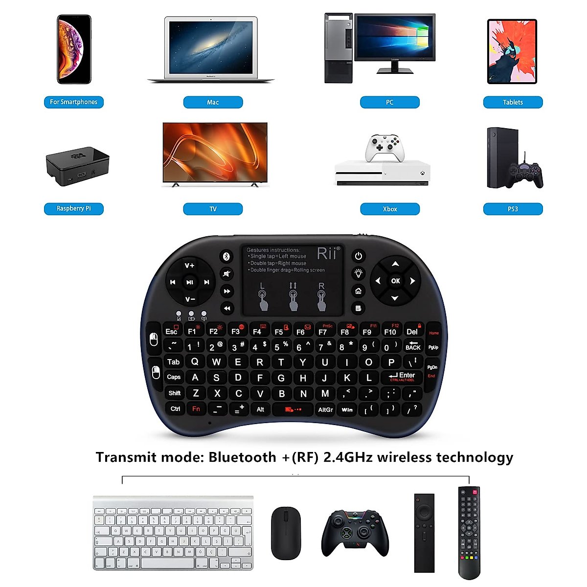 Rii Mini Wireless Bluetooth Keyboard with Touchpad, Support Bluetooth +(RF) 2.4GHz Wireless Connection for Smartphones, PC, Tablet, Laptop TV Box iOS Android Windows Mac.Black