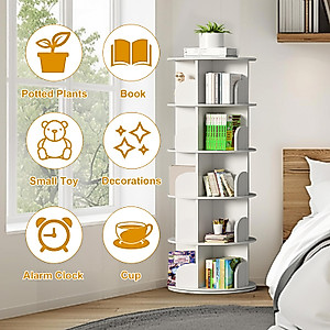 foriy 5 Tier Rotating Bookshelf 360° Revolving Bookcase Modern Tall Book Shelf Storage Display Rack Floor Standing Shelves with Baffle for Home Living Room Study Office White 63''X18''X18''
