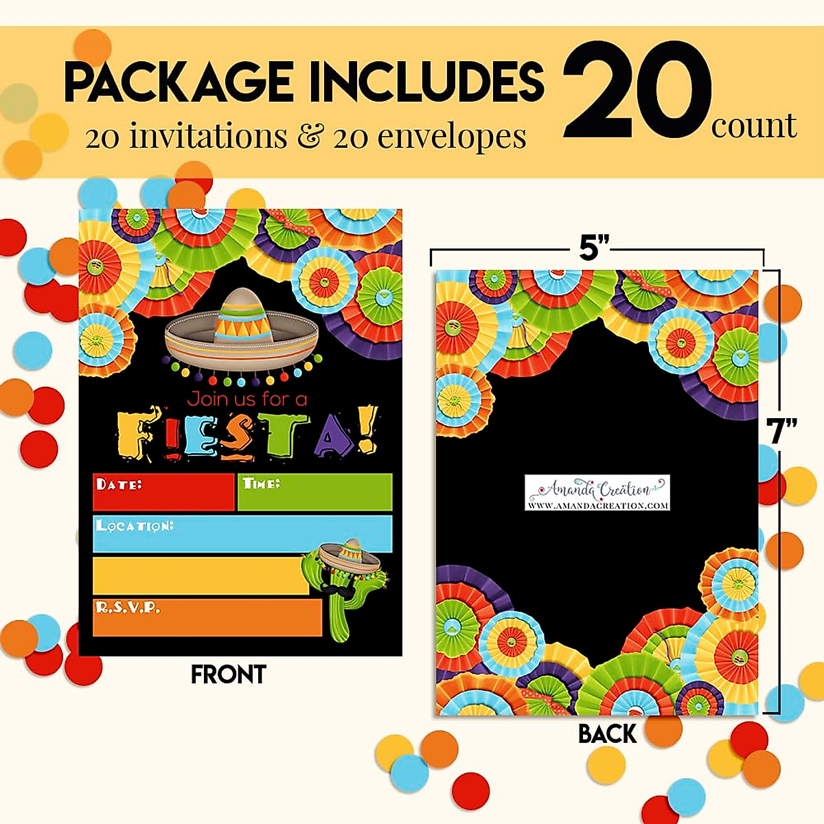 Fiesta Mexican Themed Party Invitations for Birthday Celebration, Retirement, or Cinco De Mayo, 20 5x7 Fill In Cards with Twenty White Envelopes by AmandaCreation