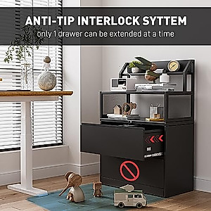 Rophefx File Cabinet with Shelves, 2 Drawers Lateral File Cabinet, Printer Stand with Open Storage Shelf, Metal File Cabinet with Lock, Black
