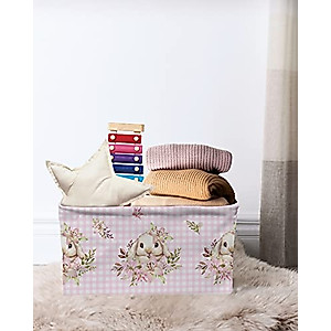 Easter Storage Bins with Handles, Bunny Spring Flowers Lop Rabbit Pink Plaid Storage Basket for Shelves, Cube Storage Organizer Bins for Toys, Closet (2 Pack, 15" x 11" x 9.5")