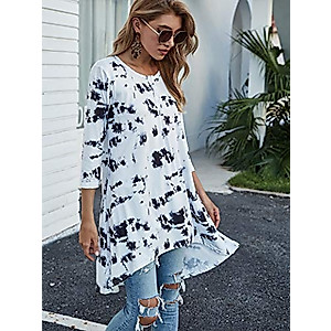 Naggoo Womens 3/4 Sleeve Hi Low V neck Long Blouses Tie Dye Print Loose Tunic Tops Shirts, Black White, XX-Large
