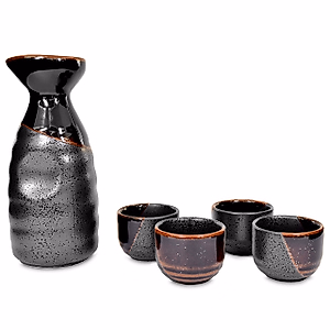 Product of Gifu Japan Mino Ware Traditional Japanese Sake Set, Tokkuri Bottle and 4 Ochoko Cups, Black Kuro Oribe