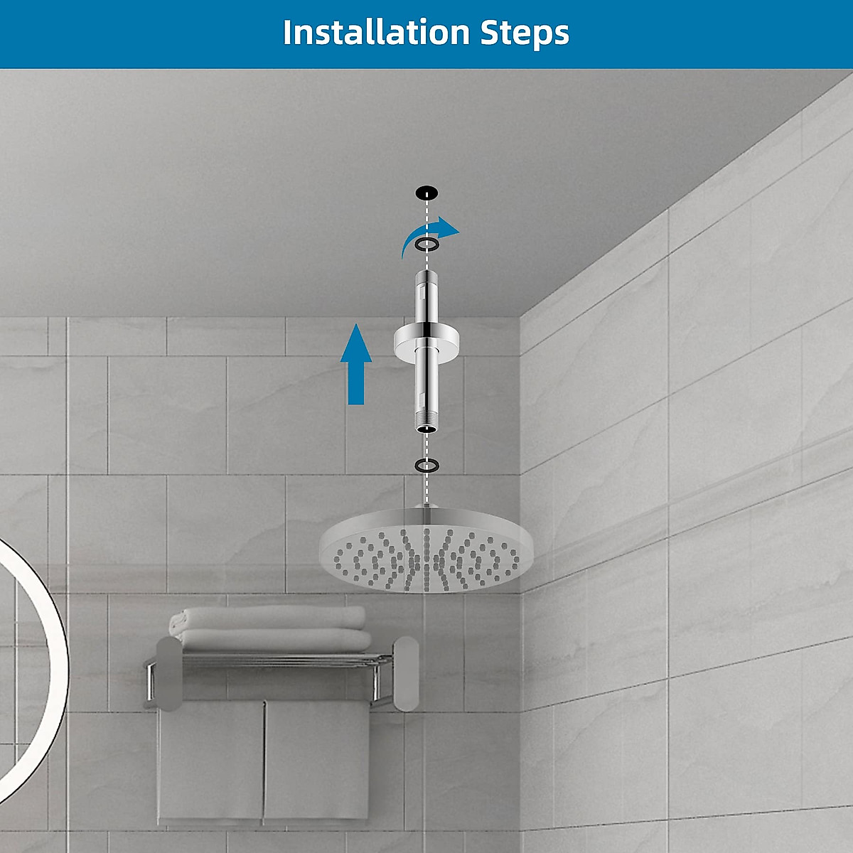 Hibbent All Metal Ceiling Mounted Shower Arm, 6 Inch Shower Head Extension Arm with Flange, Stainless Steel Straight Shower Arm For Fixed High Pressure Rain Shower Head, Shower Head Extender, Chrome