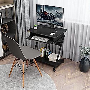 ALISENED Computer Desk for Small Spaces,23.6" Z-Shaped Compact Study Table with Smooth Keyboard Tray,with Wheels and Bottom Shelves for Home Office，Computer Cart Mobile Laptop Cart