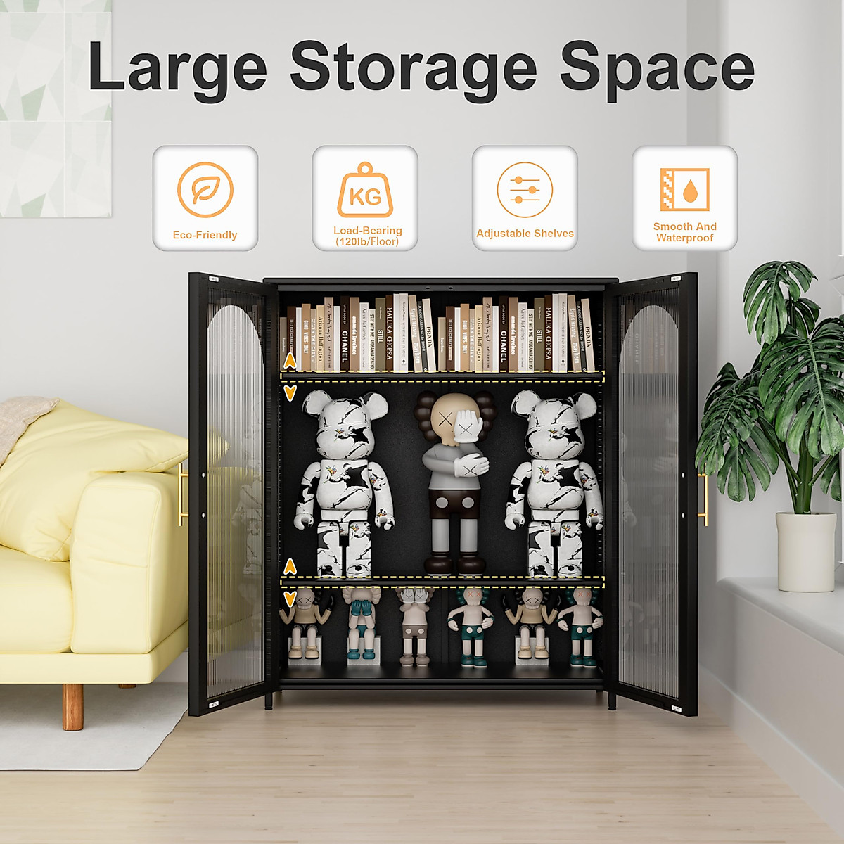 OSEILLC Metal Sideboard Buffet Cabinet with Tempered Glass Doors, Accent Cabinet with Adjustable Shelves, Credenza Cupboard Console Table for Kitchen, Living Room, Dining Room, Bedroom, Hallway