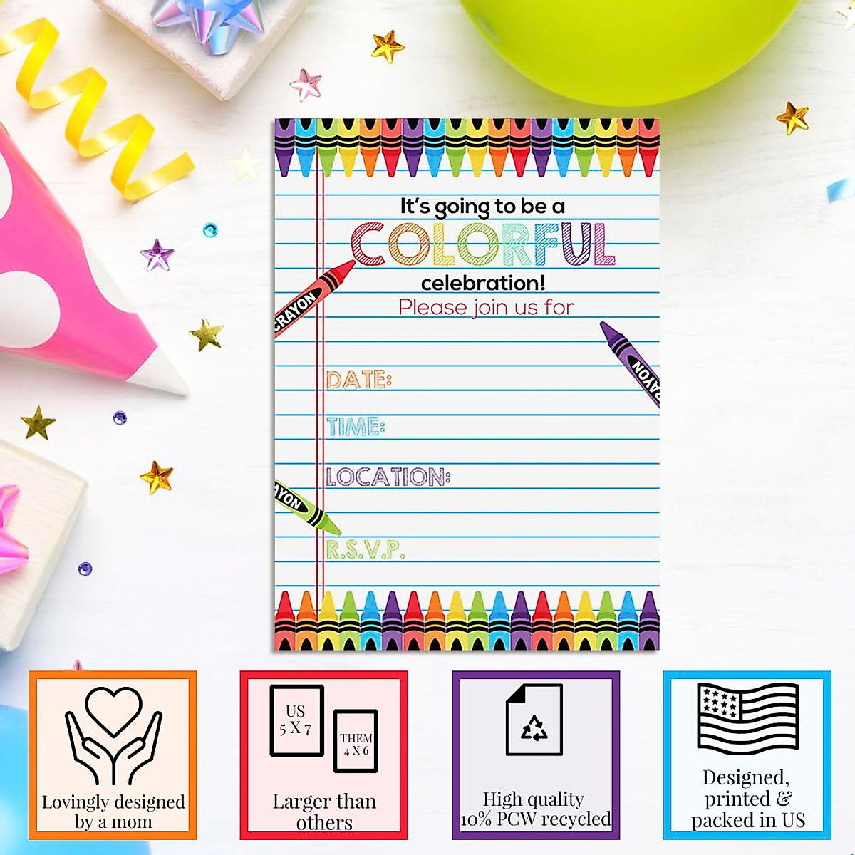 Amanda Creation Colorful Rainbow Crayons themed Birthday Party Fill in Invitations, set of twenty, includes envelopes