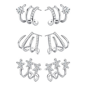 Fansilver 925 Sterling Silver Claw Earrings Cubic Zirconia 14K Gold Plated Cuff Earrings Triple Huggie Illusion Stud Earrings Ear Cuffs Earrings for Women Trendy, Silver