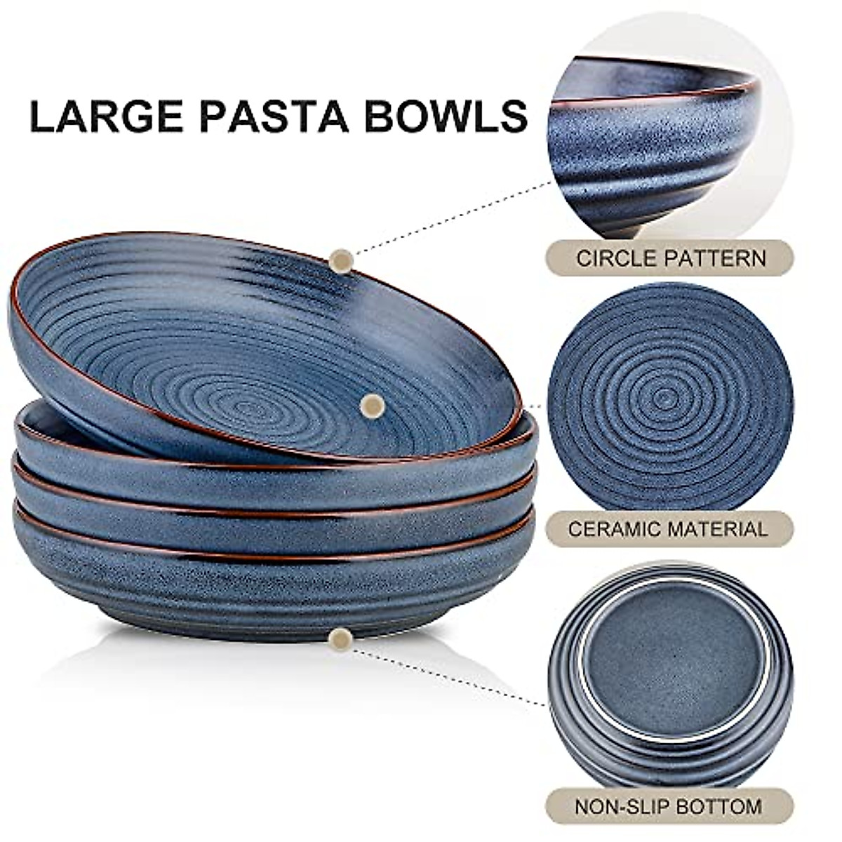 HVH 9.2 inch Large Pasta Bowls Set of 4, 40oz Big Salad Bowl Set of 4, Ceramic Plates Set, Shallow Bowls, Ceramic Bowls Set Microwave and Dishwasher Safe, Farmhouse Style (Black)
