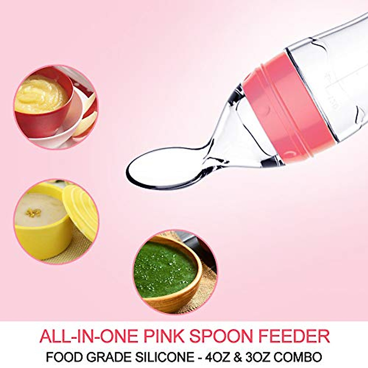 Baby Mate 4oz & 3oz Silicone Baby Food Dispensing Spoon Combo (Pink, Ideal for 4 Months+ Babies) FDS - Infant Feeders for Cereal and Baby Food - Silicone Squeeze Feeder with Spoon - Solid Feeding