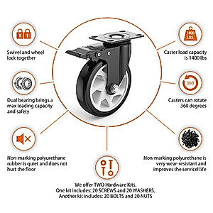 5 Inch Caster Wheels, Heavy Duty 5” Casters Set of 4 with Brake, TONSUM No Noise Polyurethane (PU) Wheels and Safety Dual Locking casters, Swivel Plate Castors (Two Hardware Kits for Free) (5inch)