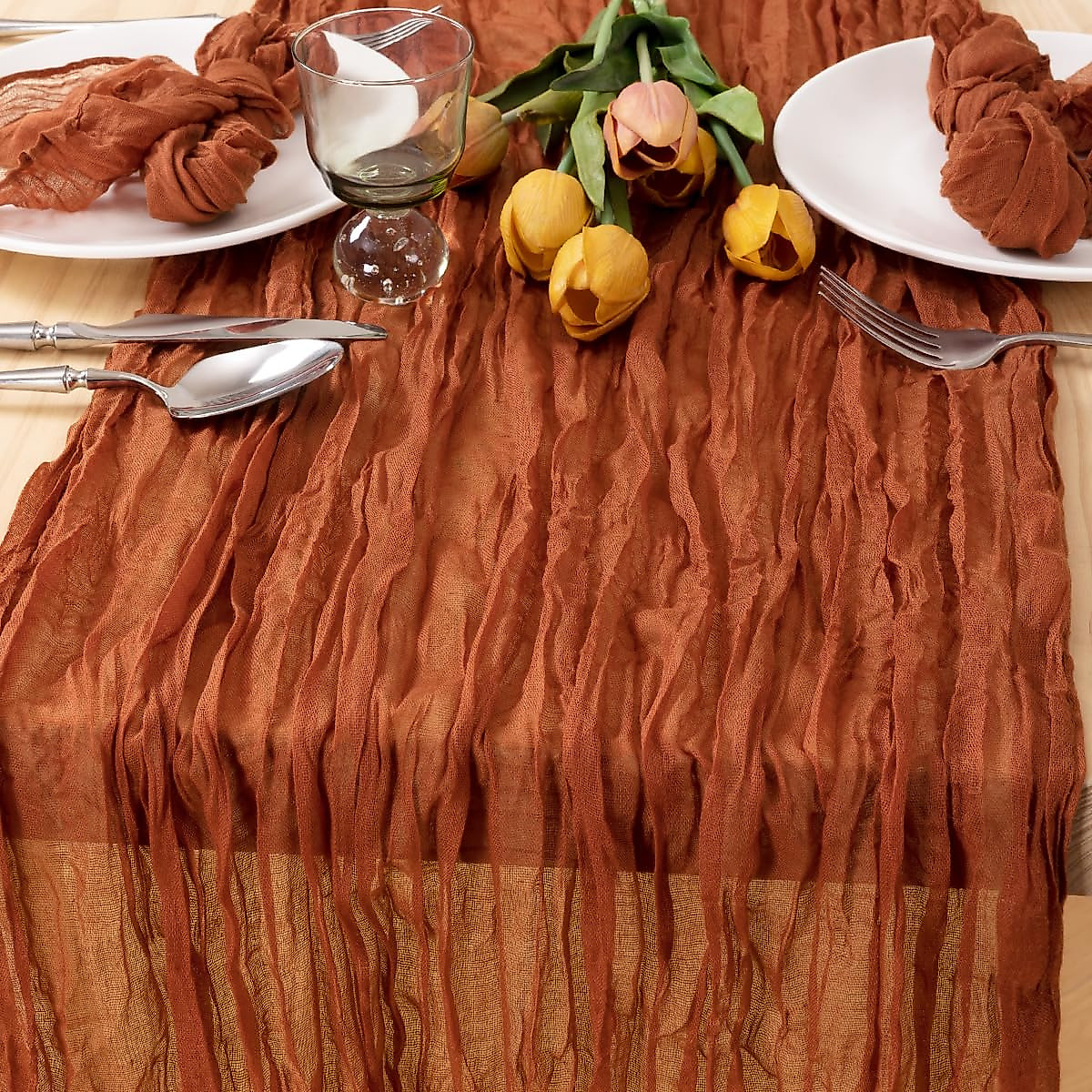 MLMC 3 Pack Fall Table Runner Terracotta Cheesecloth Table Runner 10ft Wrinkled Rustic Burnt Orange Cheese Cloth Table Runner Bulk 35x120 Inches for Thanksgiving Bridal Baby Shower Decor
